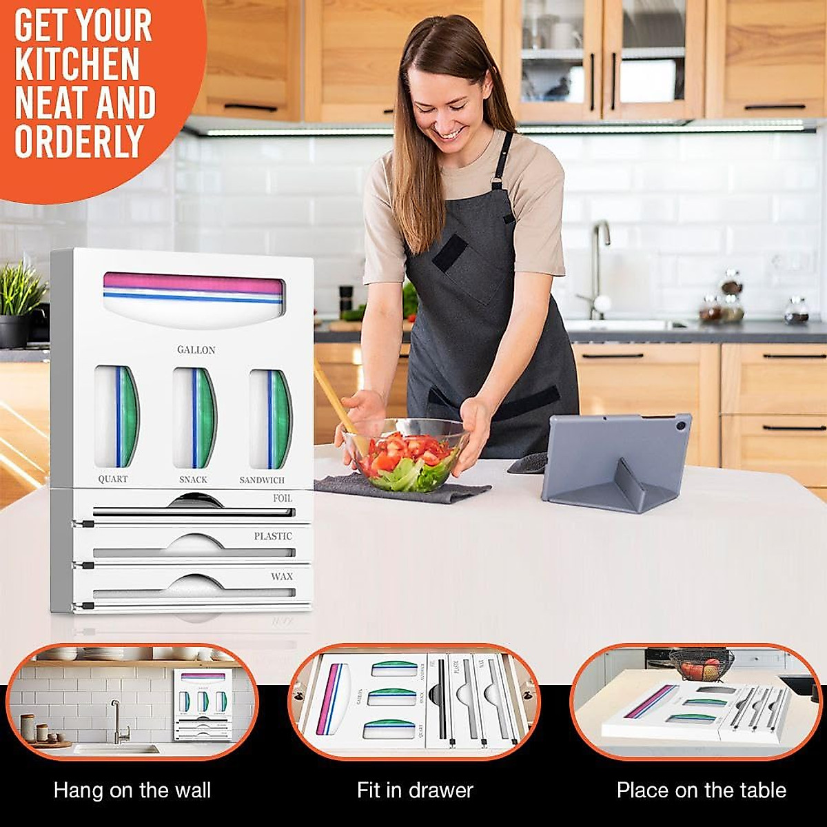 White Ziplock Bag Storage Organizer for kitchen Drawer | Plastic Wrap Organizer Dispenser with Cutter| Bamboo Ziploc Baggie Holder | Compatible with Ziploc Baggie Organizer | Bamboo Plastic Bag Dispenser for Gallon, Quart, Snack Sandwich bags & Plastic Fo