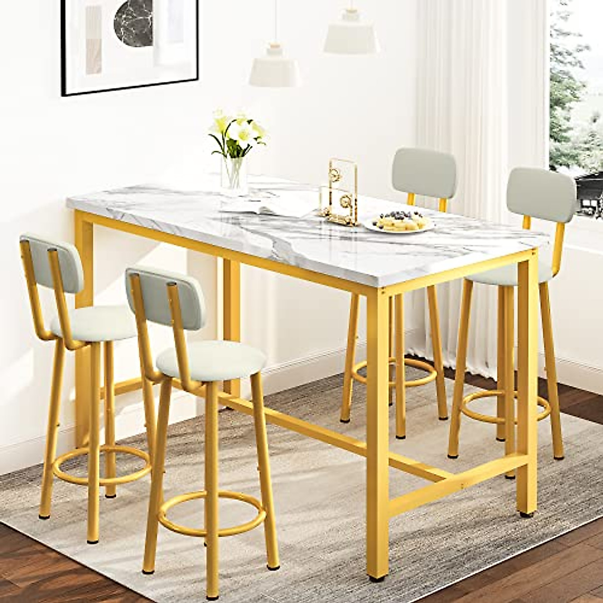 AWQM Faux Marble Dining Table with 4 PU Upholstered Chairs, 5-Piece Breakfast Table Bar Table and Backrest Chairs with Footrest, Kitchen & Dining Room Set for 4, Space Saving Furniture (White & Gold)