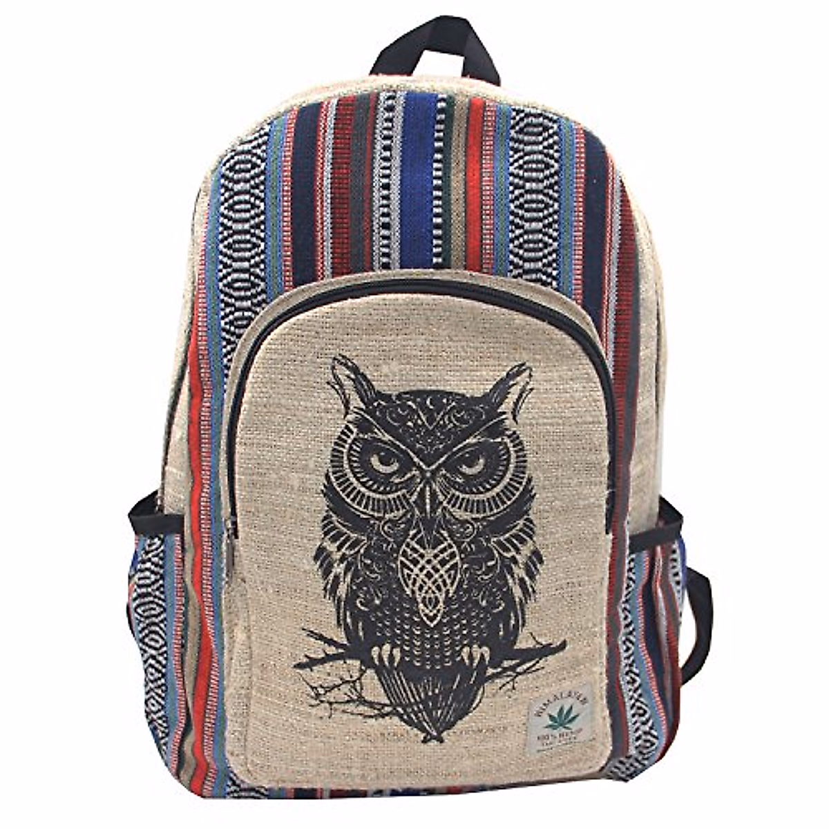 KayJayStyles Natural Handmade Large Multi Pocket Hemp Nepal Backpack (Owl)