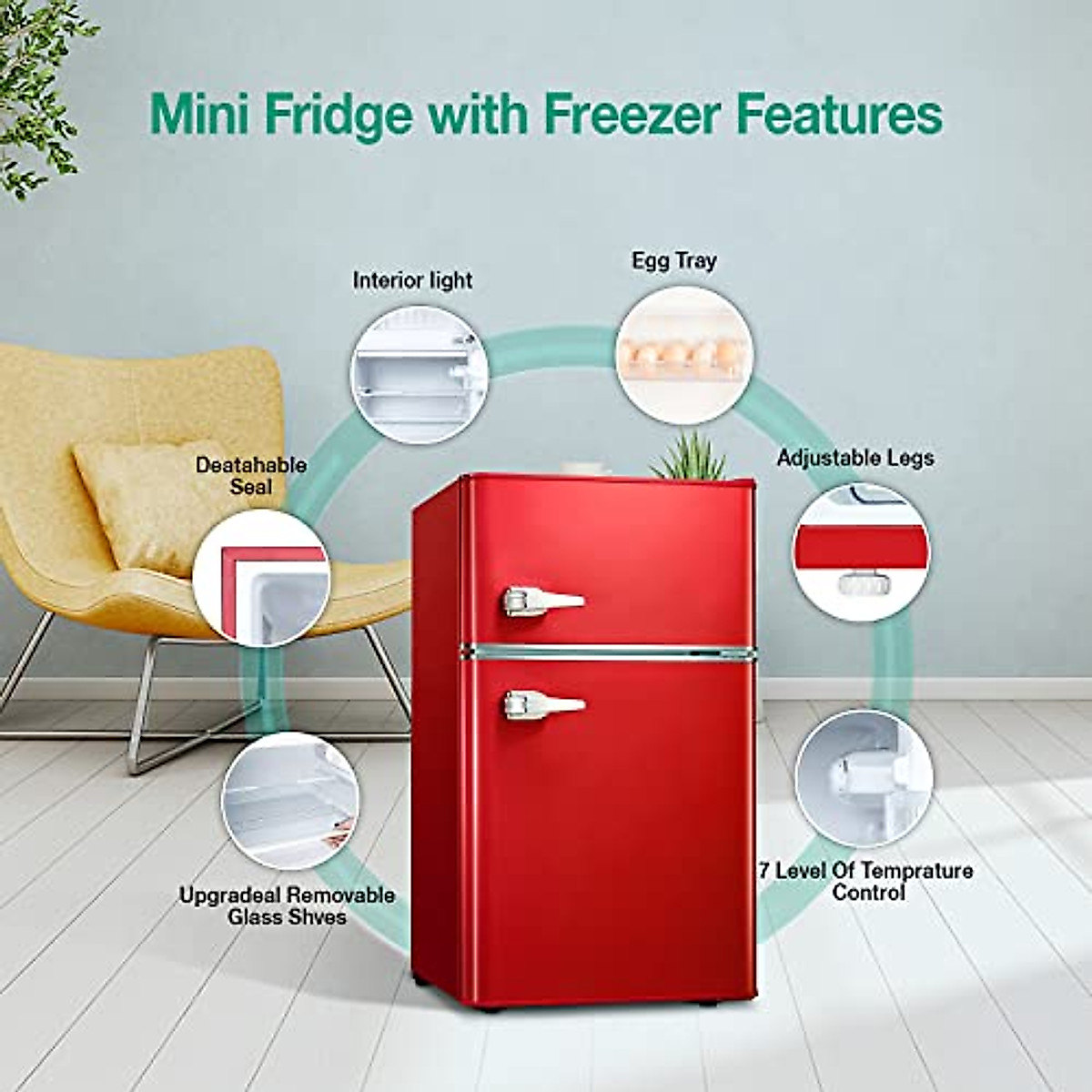 Kndko Compact Refrigerator 3.2 CU.FT. Fridge with Freezer - Dual Door Fridge - Adjustable Temperature, Energy Saving - Retro Refrigerator for Dorm, Bedroom, Apartment, Office, Garage