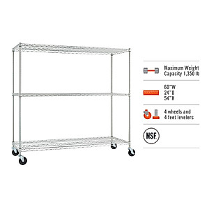 TRINITY Basics 3-Tier Adjustable Wire Shelving with Wheels for Kitchen Organization, Garage Storage, Laundry Room, NSF Certified, 600 to 1350 Pound Capacity, 60” by 24” by 54”, EcoStorage Chrome