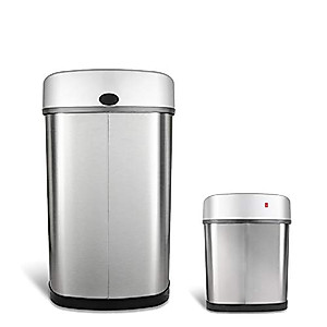 NINESTARS CB-DZT-50-9/8-1 Automatic Touchless Infrared Motion Sensor Trash Can Combo Set, 13 Gal 50L & 2 Gal 8L, Stainless Steel Base (Oval & Rectangular, Silver/Black Lid)