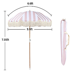 HM&DX Pink Patio Umbrella with White Tassels,7 Ft Outdoor Table Umbrella Button Tilt,Round Outdoor Umbrella 8 Sturdy Ribs,Sun Shade Rainproof Garden Umbrella