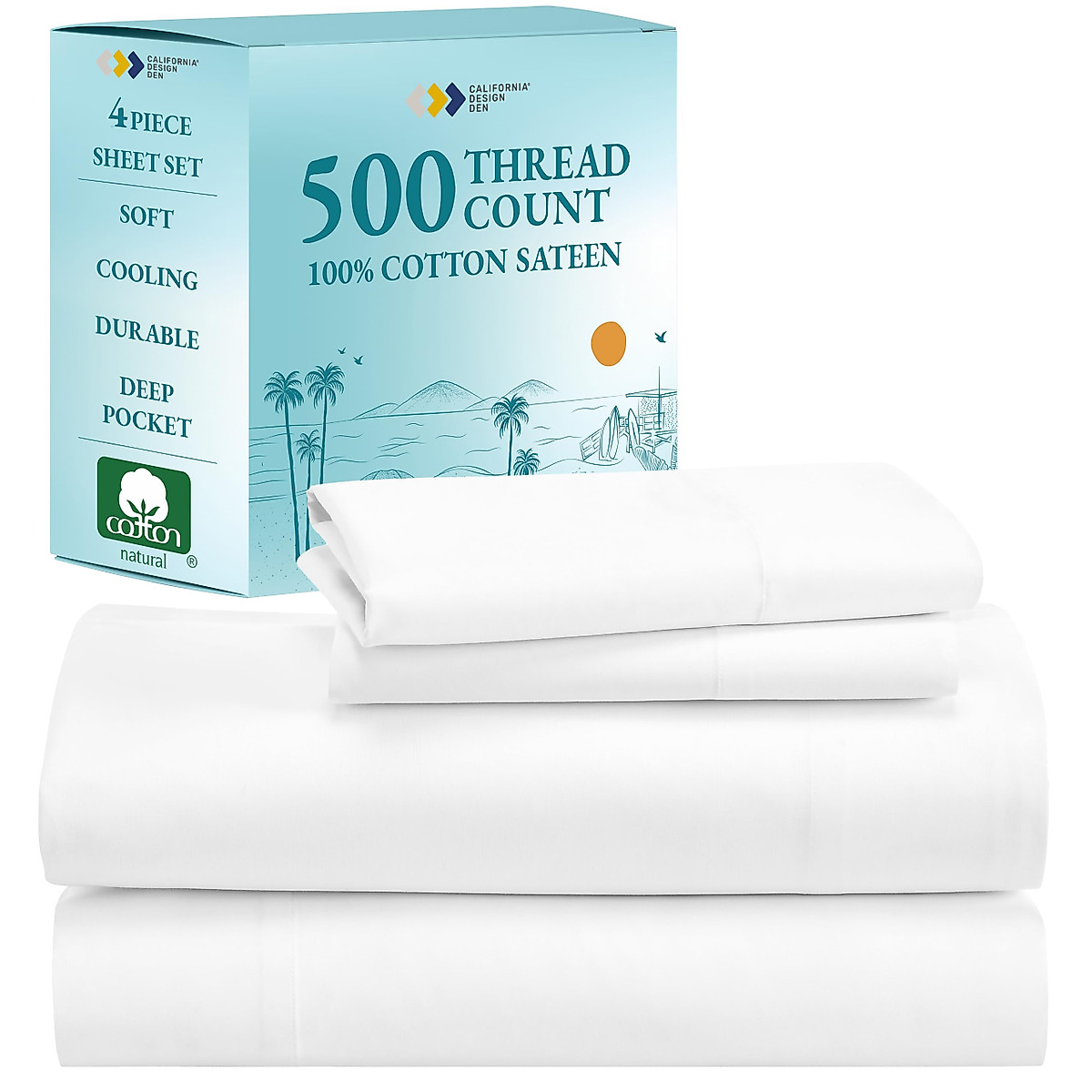California Design Den 500 Thread Count 100% Cotton Sheets, 4 Piece Queen Size Sheet Set, Cooling Deep Pocket Bed Sheets with Fitted Elastic Sheet, Extra Soft Luxury Hotel Quality - White Sheets