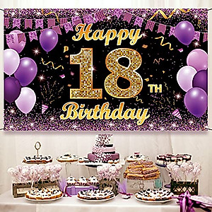 18th Birthday Decoration Backdrop Banner, Happy 18th Birthday Decorations for Girls, Gold Purple 18 Birthday Party Photo Booth Props, 18th Birthday Poster Sign for Her, Fabric 6.1ft x 3.6ft Vicycaty