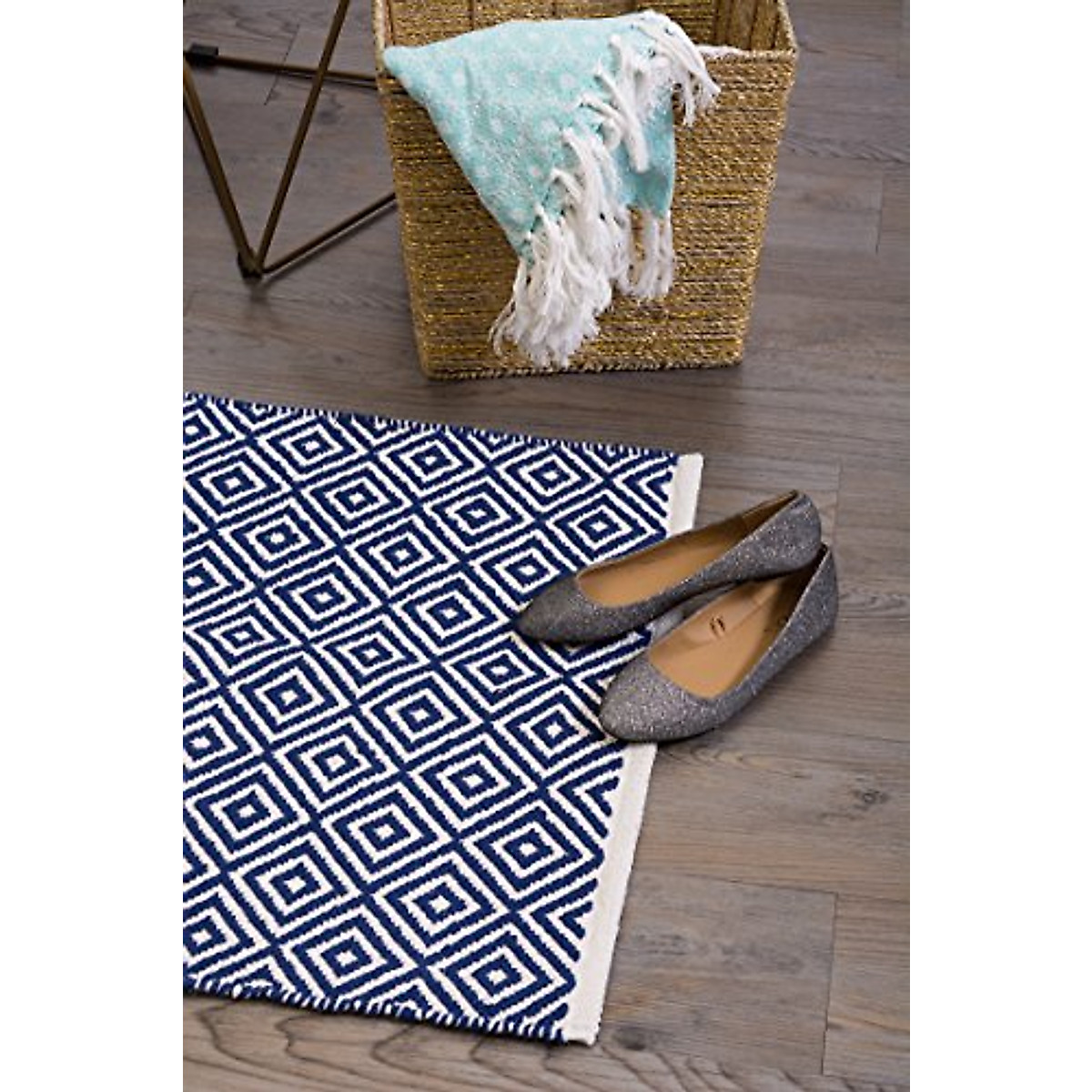 DII Woven Cotton Throw Rug, Area Rugs for Kitchen, Bedroom, Bathroom or Entry Way, Small Rug, 2x3, Diamond Nautical Blue
