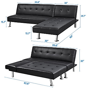 Yaheetech Convertible Sectional Sofa Couch L-Shaped Couch Faux Leather Sofa Bed Sleeper for Living Room Small Space Black