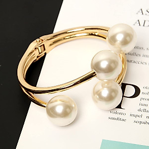 Caiyao 14K Plated Gold Big Pearl Clasp Cuff Bracelets Asymmetric Broadside Ball Handcuffs Wrist Bangle for Women Simple Fashion Jewelry-A layered