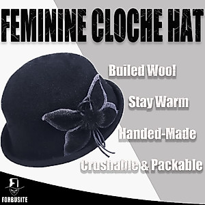 FORBUSITE Women Winter Hat - Vintage Wool Cloche Bucket Hat 1950s 20s Black