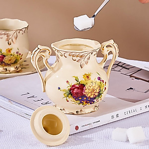 YOLIFE Ceramic Sugar and Creamer Set, Vintage Ivory Flowering Shrubs Golden Leaves Edge Porcelain Creamer Sugar Bowl with Lid Coffee Server Set Gifts