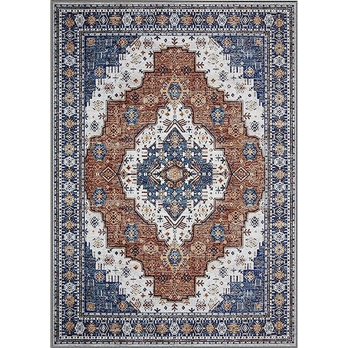 Washable Rug Living Room Rugs: 8x10 Area Rug Large Boho Medallion Distressed Carpets Indoor Soft Floor Anti Slip Carpet for Under Dining Table Bedroom Farmhouse Home Office - Blue/Orange Brown
