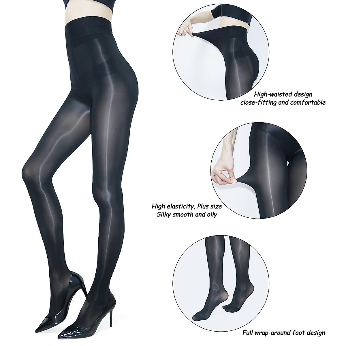 GOCBOBO Women's Oil Shiny Pantyhose High Waist Control Top Sheer Glossy Tights Plus Size Silk Pantyhose for Women Black