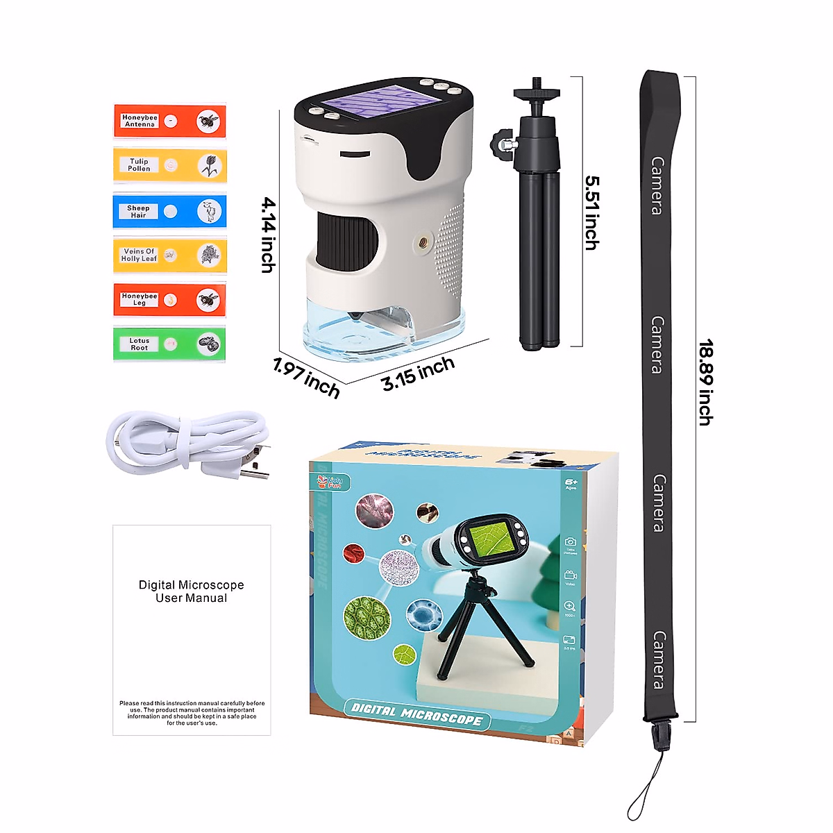 HOLYFUN Handheld Microscope Kit for Kids, Catch Video & Photo, Portable Rechargeable 1000X HD Microscopes Camera Toys, Outdoor Indoor Student Beginner Educational Science Gift for Children Age 6+