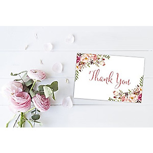 Pink Floral Thank You Cards with Envelopes, 4 x 6 Boho Flower Thank You Notes - Chic Greeting Cards 25 Bulk Pack, Blank Inside, Meet Wedding, Bridal Shower, Girl Baby Shower More Occasion