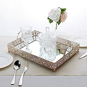 BalsaCircle 16x12-Inch Rose Gold Metal Rectangle Fleur De Lis Trim Decorative Mirror Serving Tray Wedding Party Dessert Centerpieces
