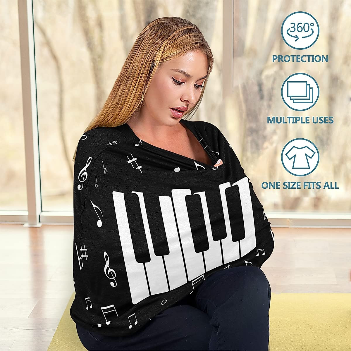 Music Icon with Piano and Musical Notes Baby Car Seat Covers Canopy Nursing Cover Breastfeeding Scarf Soft Breathable Stretchy Coverage Infant Stroller Cover Multi Use for Boys Girls Babies