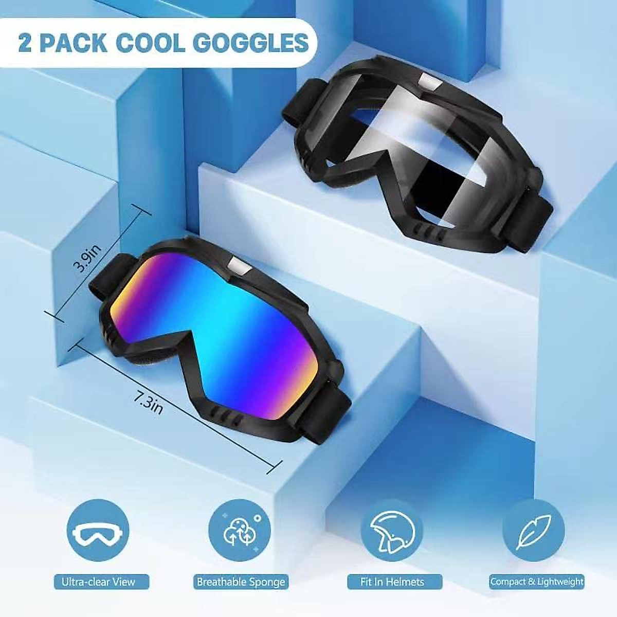 Lievermo Dirt Bike Goggles, Motorcycle Goggles, 2 Pack ATV Goggles, Riding Goggles, Ski Goggles, Windproof Glasses, Racing Helmet Goggles for Adults Men Women Youth Kids (Colorful + Clear)