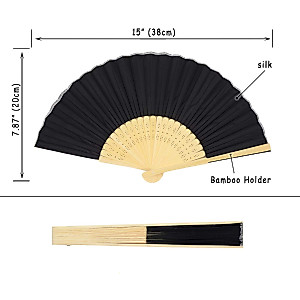 Leehome Folding Hand Fans for Women - 12pcs Silk Bamboo Chinese Japanese Handheld Fan - for Church Wedding Gifts, Party Favors, DIY Decorations. (Black)