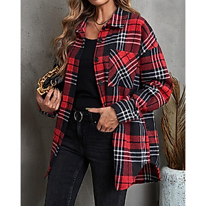 BTFBM Women's Long Sleeve Button Down Jackets Plaid Flannel Shirts Tops Casual Lapel V Neck Oversized Shackets Blouses Top (X-Large, Plaid Print Red)