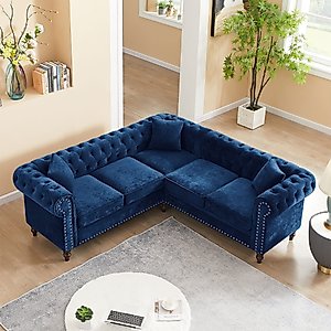 Merax L-Shaped 80" Deep Sofa Couch, Luxury Classic Chesterfield L-Shaped Velvet Sofa, Button Tufted Upholstered Sectional Corner Sofa with 3 Pillows and Solid Wood Gourd Legs, Blue Velvet
