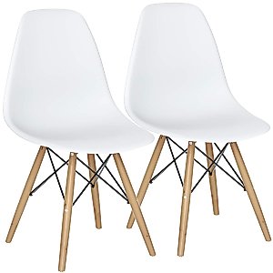 GOFLAME DSW Dining Chairs, Shell Plastic Chairs with Wood Legs, Modern Style Armless Chairs for Living Room Kitchen Bedroom, Eiffel DSW Style Side Chairs with Ergonomic Backrest Set of 2, White