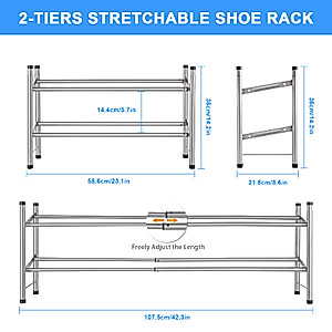 NiHome 2-Tier Expandable Shoe Rack - Lightweight, Stackable and Space-Saving Metal Organizer for 6-10 Pairs of Shoes - Ideal for Closet, Hallway, Entryway, Living Room, Bedroom (Silver)