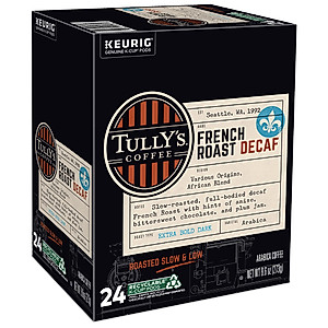 Tully's Coffee French Roast Decaf, Single-Serve Keurig K-Cup Pods, Dark Roast Coffee Pods, 96 Count, 24 Count (Pack of 4)