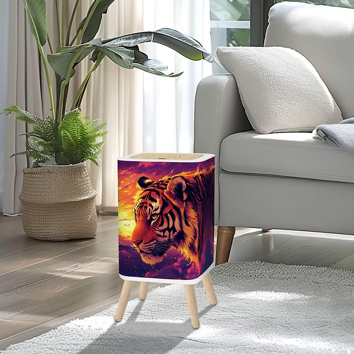 hgsschrek Small Trash Can with Lid Exaggerated Tiger Features Expressive Eyes Bold Colors 2.6 Gallon/10L Garbage Can Waste Bin with Pop-Up Lid Wood Legs Wastebasket for Bathroom Kitchen Bedroom