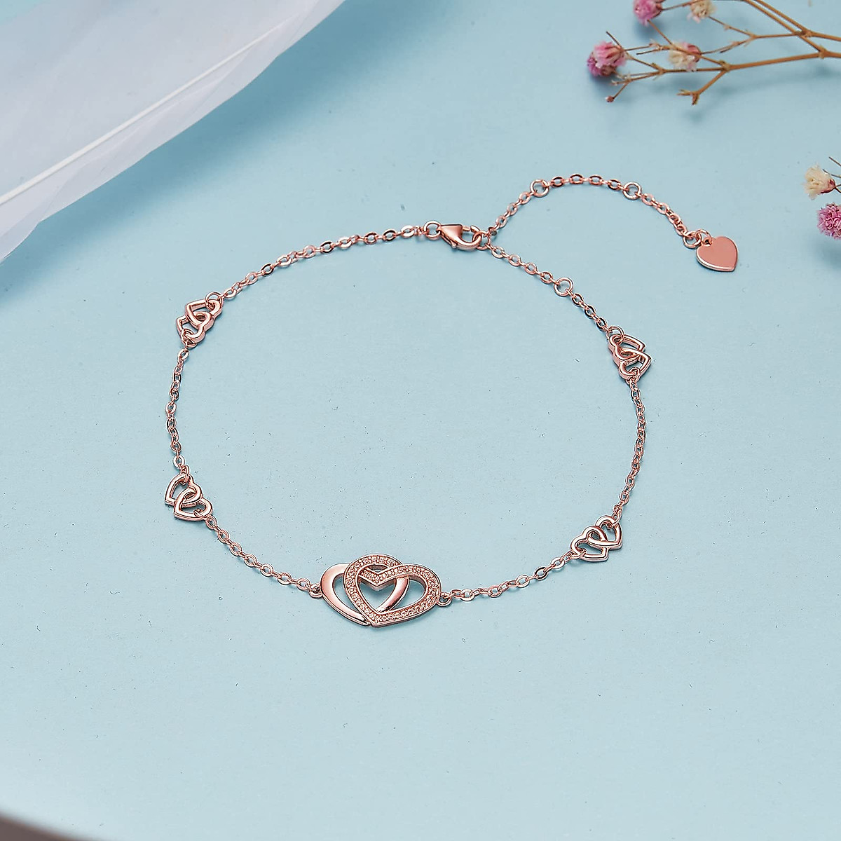 Desimtion Rose Gold Ankle Bracelets for Women,Heart Foot anklet Large Bracelet, Birthday Christmas Anniversary Jewelry Gifts for Mom Wife Girlfriend Her