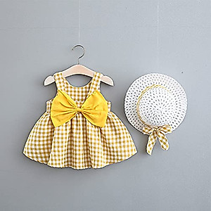Little Girls Party Summer Tutu Dresses Bowknot Flower Dress with Straw Hat Princess Birthday Party Outfits Sundress Playwear Sandy Beach wear Photo Shoot Suit Yellow 18-24 Months