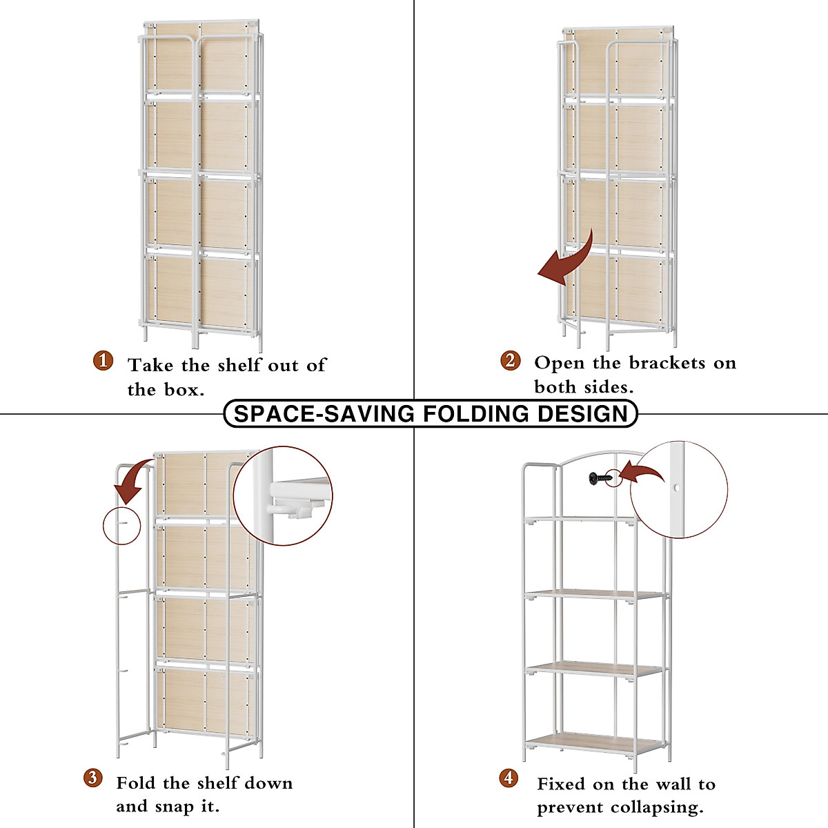 Crofy No Assembly Folding Bookshelf for Living Room, 4 Tier White Collapsible Book Shelf for Home Office, Portable Bookcase Storage Organizer