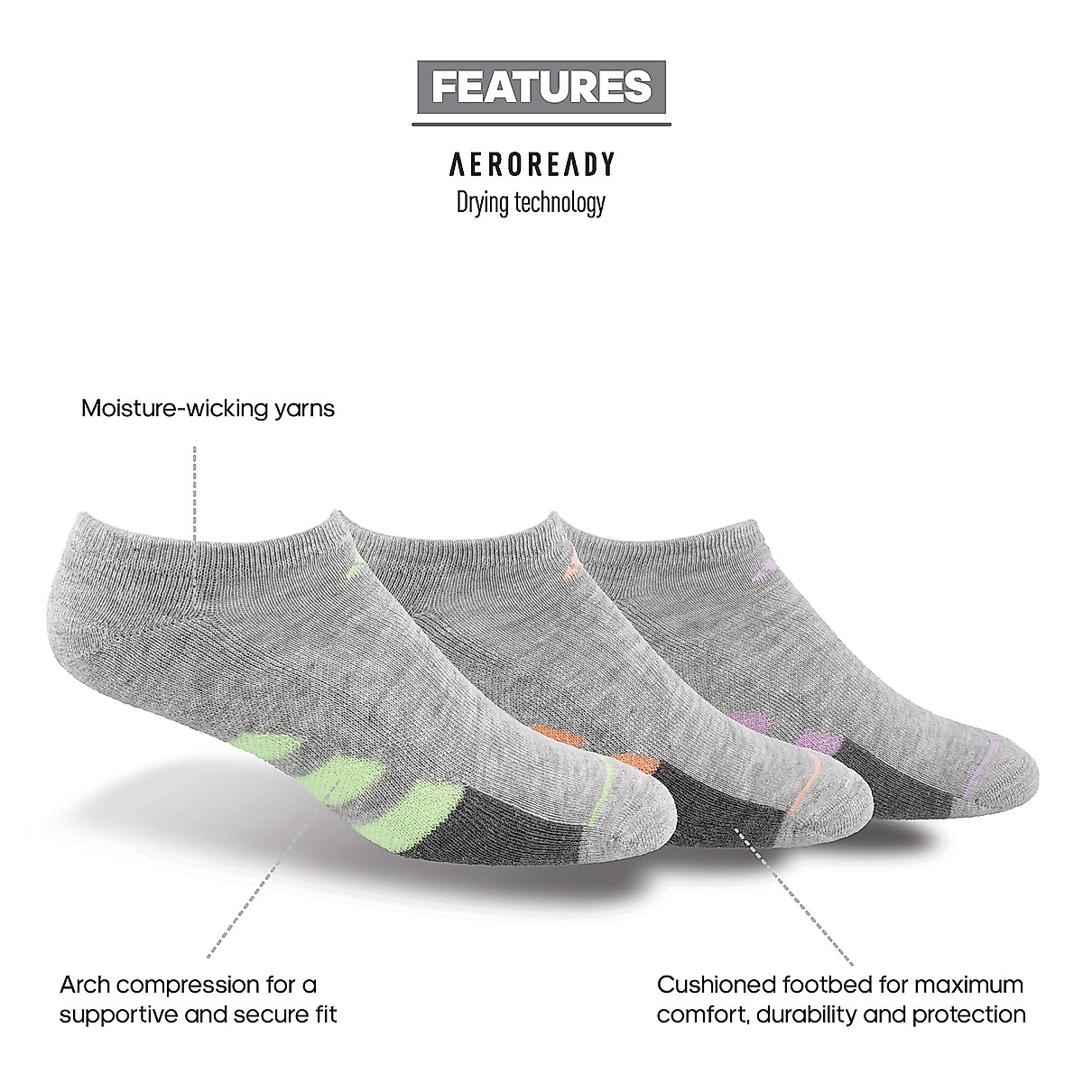 adidas Women's Cushioned No Show Socks (3-Pair), Cool Light Heather Assorted, Medium, (Shoe Size 5-10)