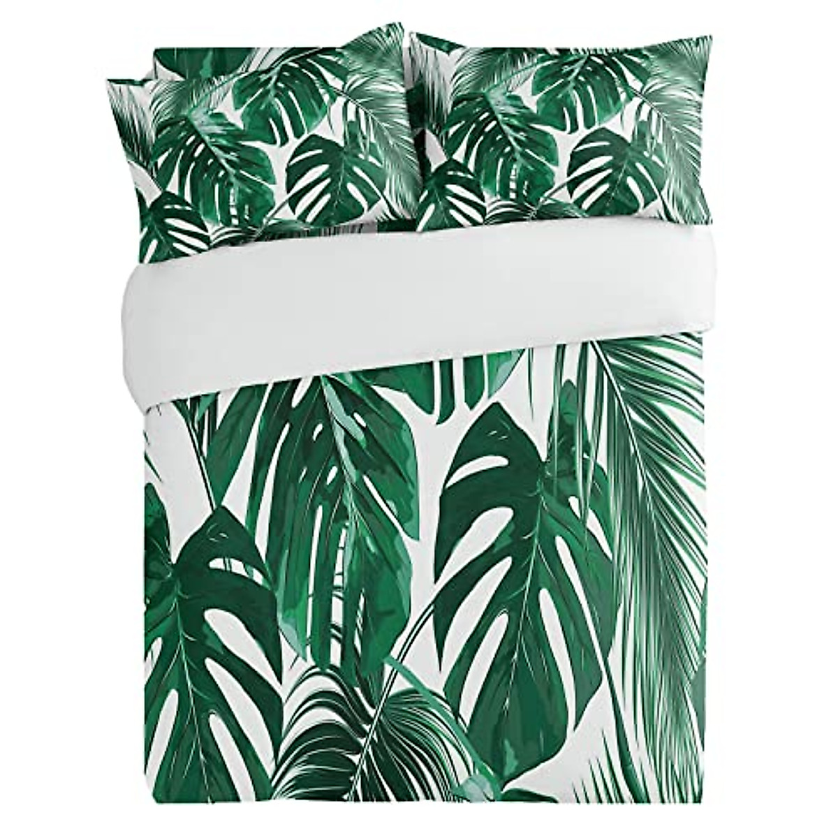 Segard Duvet Cover Set 3 Pieces Queen Bedding Sets Jungle Green Leaves White Soft Luxury Comforter Cover with Pillowcases Microfiber Bedroom Quilt Covers-Zipper Closure Watercolor Palm Tree Leaf