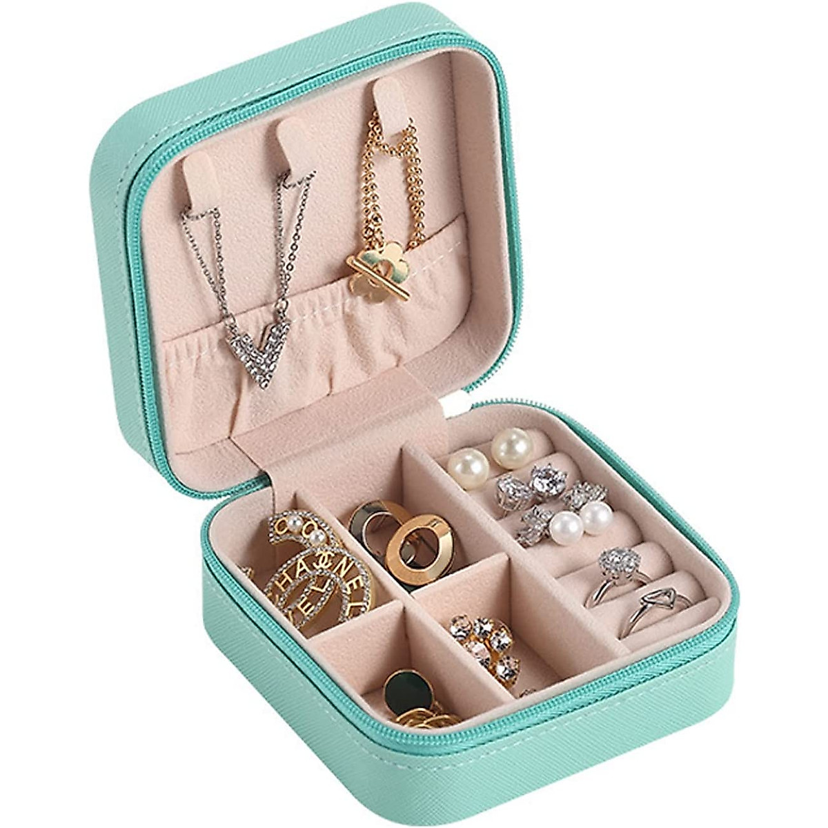 SpecialOnly Personalized Name Jewelry Boxes for Girls & Women, Custom Travel Jewelry Case with Lid, Portable Small Jewelry Organizer Box Bridesmaid Proposal Gifts (Blue, Monogram with Birth Flower)