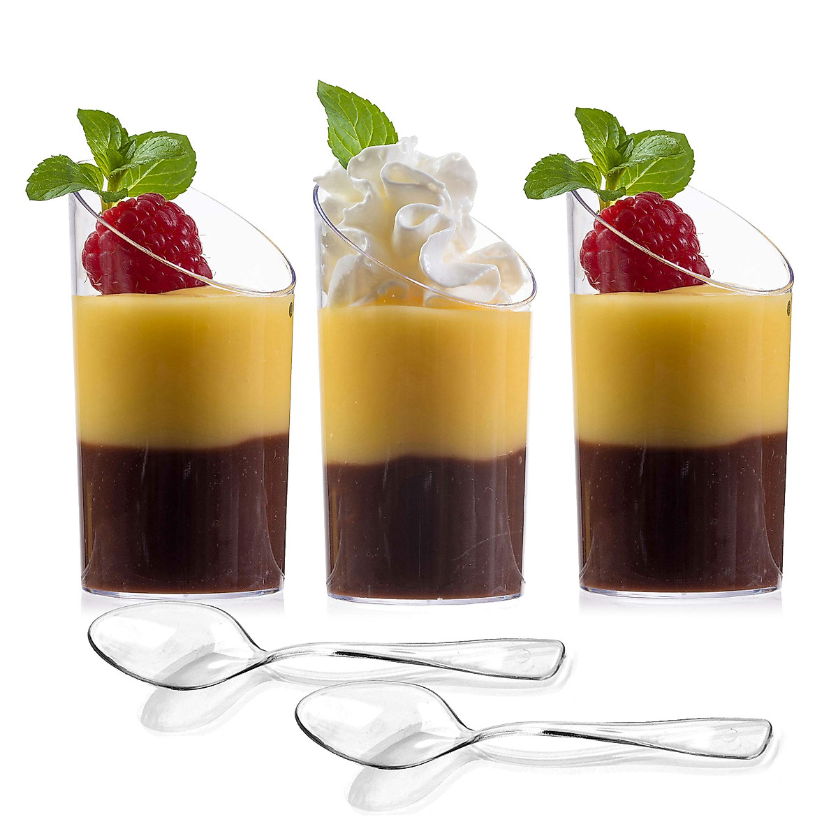 zappy 50 Mini Dessert Cups With Mini Tasting Spoons Clear Slanted Cylinder Mini Dessert Appetizer Cup 2.5 oz Plastic Tasting Cups Sample Shot Glasses Parfait Glass