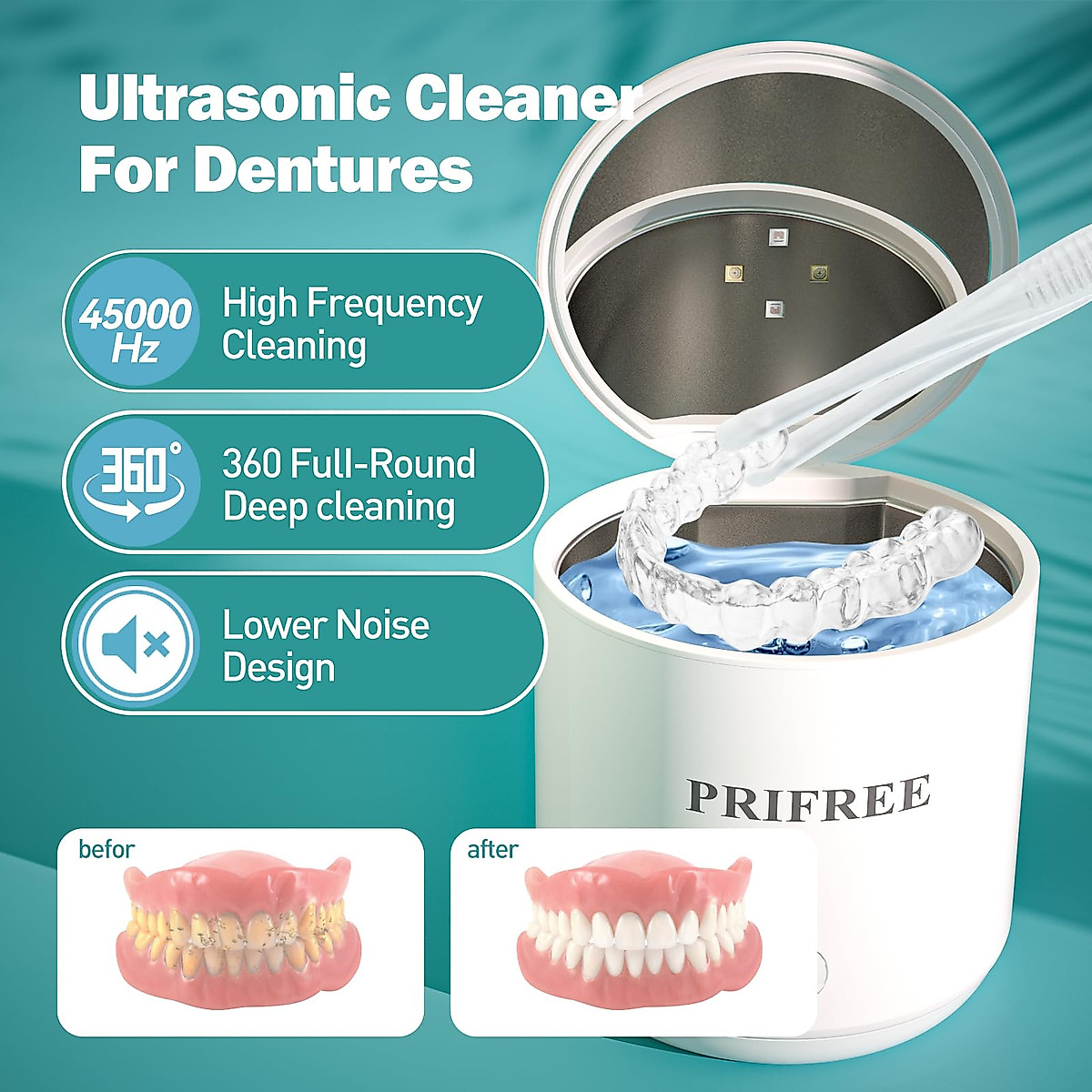 Rechargeable Dentures Cleaning Machine, Ultrasonic Cleaner for Dentures, Retainer, Aligner, Mouth Guard, Braces, Jewelry, Whitening Trays, 45kHz Portable Ultrasonic Retainer Cleaner