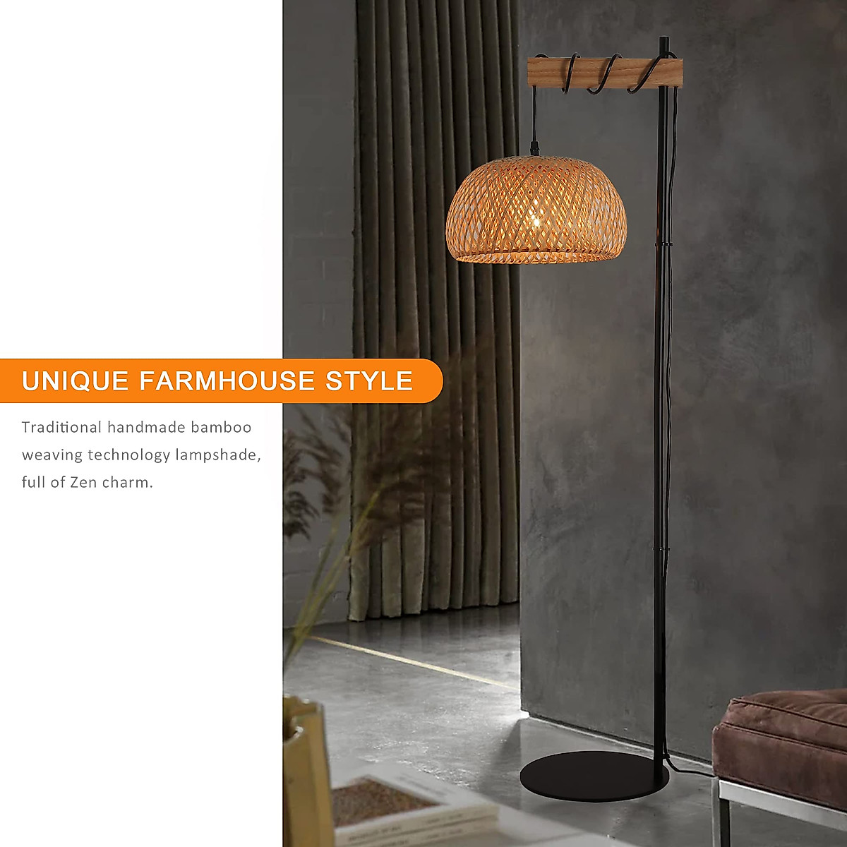 Industrial Tall Floor Lamp for Living Room Bamboo Lampshade, Black Lights Fixtures with Cord On/Off Switch E26 Base Industrial Modern Wire Wood Decoration Standing Lamp for Bedroom (No Bulb)