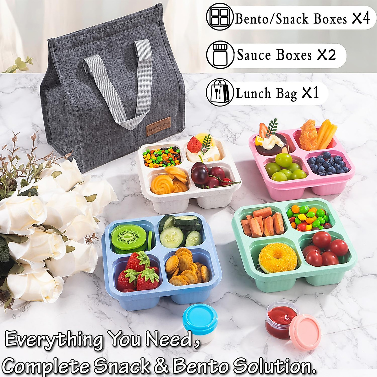 KTKUDY 4 Pack Snack Containers with lunch Bag & Sauce Box - 4 Compartments Bento Snack Box - Reusable Meal Prep Lunch Container for Kids Adults - Divided Food Storage Containers for School Work Travel