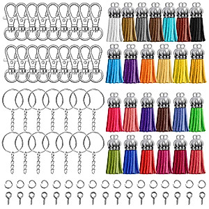 Keychain Tassles, Cridoz 300pcs Bulk Keychains Ring Set Includes 50pcs Tassels for Crafts, 50pcs Keychain Clips, 50pcs Key Chain Rings, 100pcs Jump Ring and 50pcs Screw Eye Pins for DIY Keychain