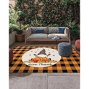 Outdoor Patio Rugs Pumpkin Sunflowers Fallen Leaves Outdoor Area Rug Orange Checkered Non-Slip Backyard/Camping RV Rug/Deck/Porch Rug Front Door Floor Mat Carpet,5x8ft,