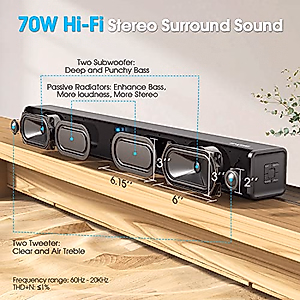 W-KING 70W Sound Bars for TV with Subwoofer (Built-in), 2.0ch TV Sound Bar Surround Sound Speakers, Bluetooth/HDMI-ARC/Optical/Coaxial/AUX/RCA/USB Drive, 35.4" TV Speakers Soundbar with SUB Out/3-EQ