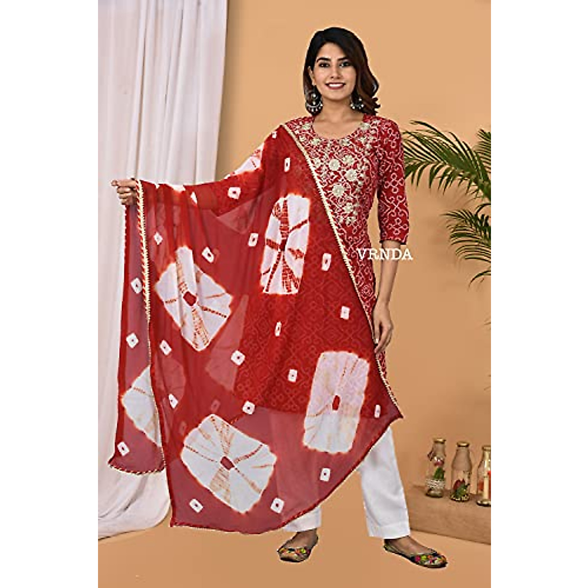Vrnda Women's Cotton Straight Bandhej Printed kurta With Yoke Embroidery Red Kurti with White Pant and printed Dupatta Set (L)