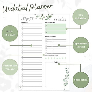 Daily Planner with Spiral Binding,6x9 Inches Undated Planner (To Do List),Greenery Design Daily To Do Planner, Habit Trackers, Time Management and Productivity Organizer
