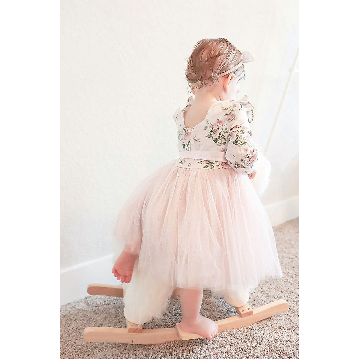 Flofallzique Toddler Tulle Dress Long Sleeves Vintage Floral Little Girls Tea Party Dresses (Peach, 1 Year)