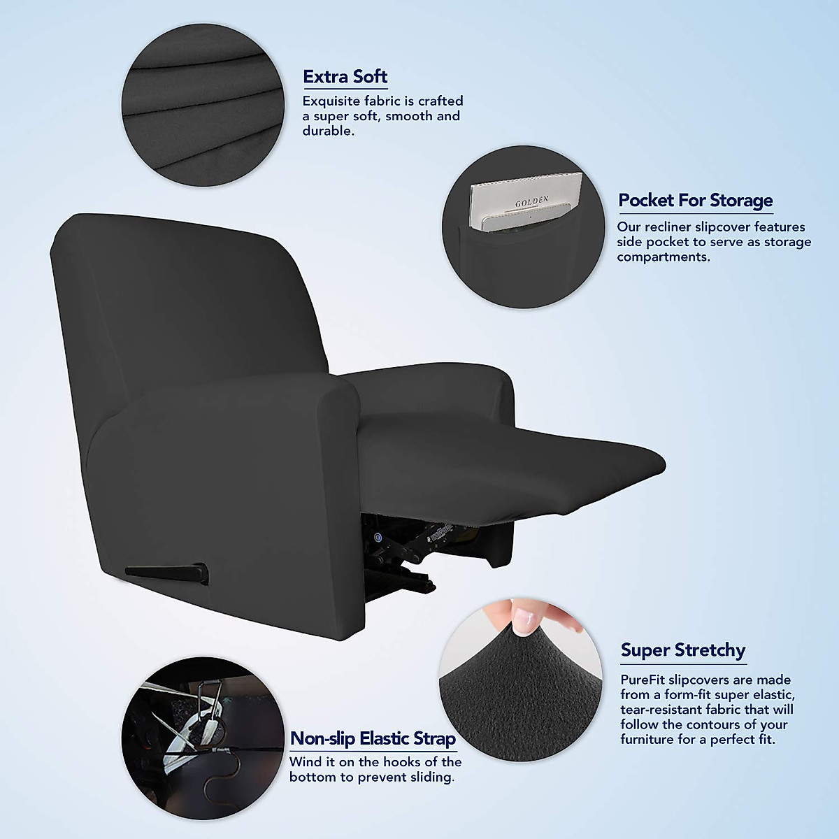 PureFit Super Stretch Chair Sofa Slipcover with Pocket – Spandex Non Slip Soft Couch Sofa Cover, Washable Furniture Protector with Elastic Bottom for Kids, Pets （Recliner, Dark Gray）