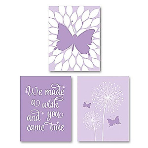 The Studio Resource, Inc. White and Purple We Made A Wish And You Came True Dandelion and Butterfly Nursery Print; 3-8x10 Paper Poster