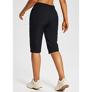 BALEAF Women's 15" Long Shorts Below The Knee Capri Hiking Cargo Shorts Lightweight Quick Dry Elastic Waist for Casual Black L
