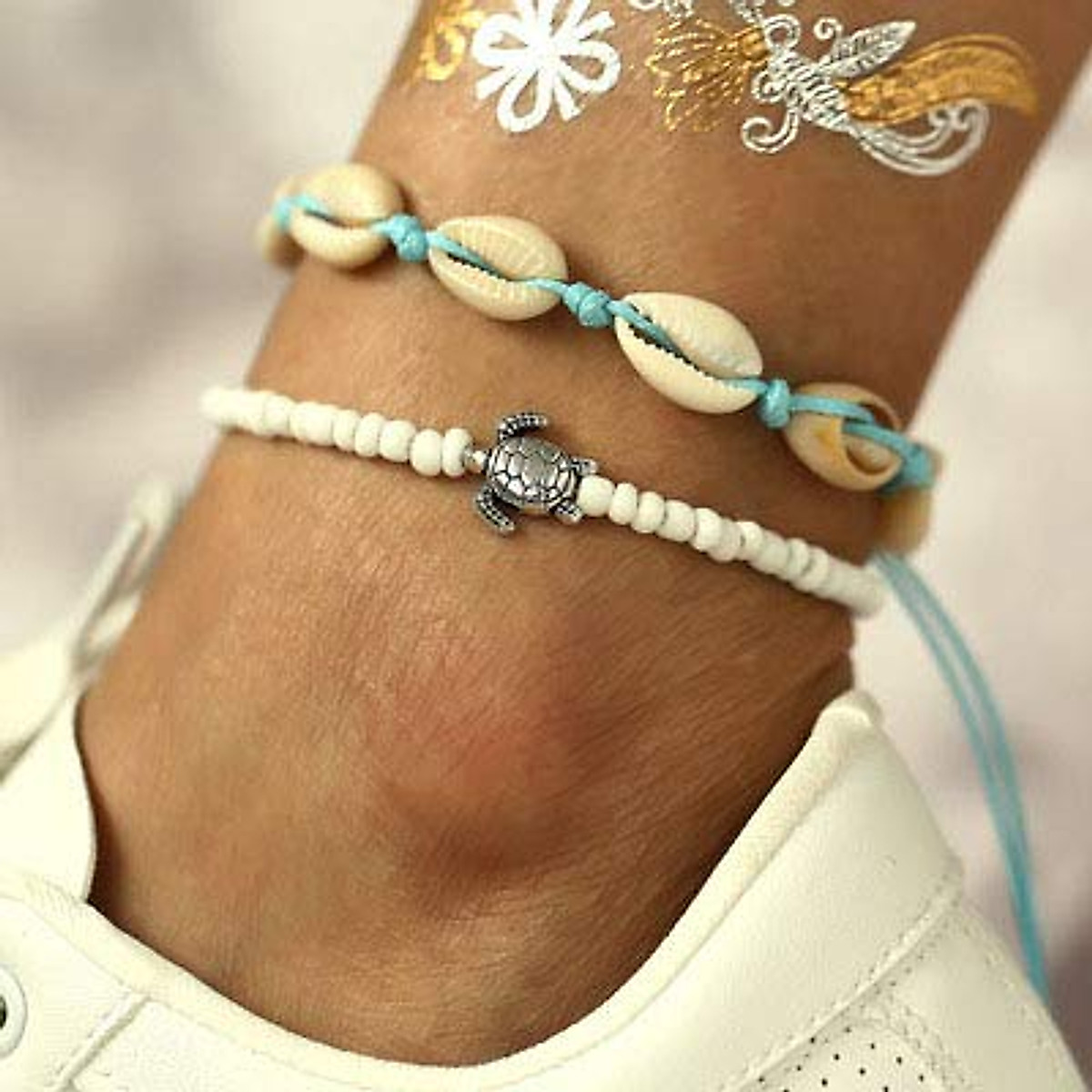 Aluinn Boho Turtle Layered Shell Anklet Set Silver Ankle Bracelets Beaded Foot Chain Beach Foot Jewelry Accessories for Women summer gifts