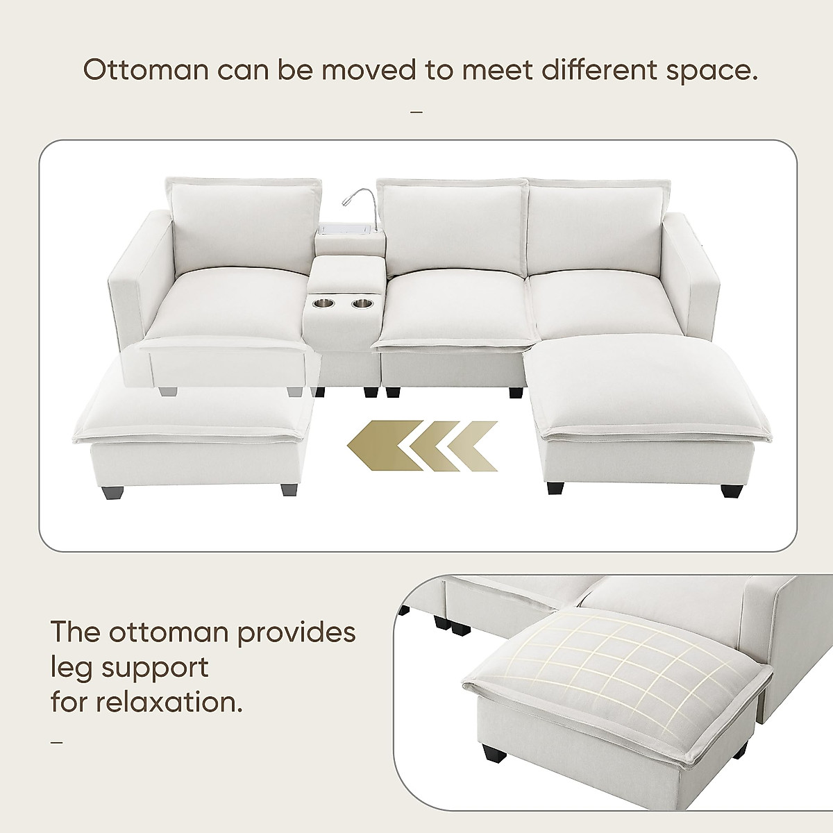 109x57 Inches Chenille Cloud Sectional Sofa Couch with Movable Ottoman, 2 USB Charging Port,Reading Light, Cup Holder,Reading Light,4 Seater Sofa Loveseat for Modern Living Room and Apartment,Beige