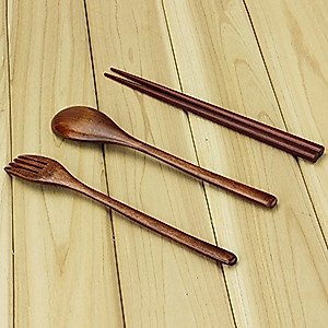 Wooden Spoon and Fork Set, Flatware Set, AOOSY Nanmu Wood Fork Spoon Chopsticks Travel Flatware Set Tableware with Bag, Brown Color